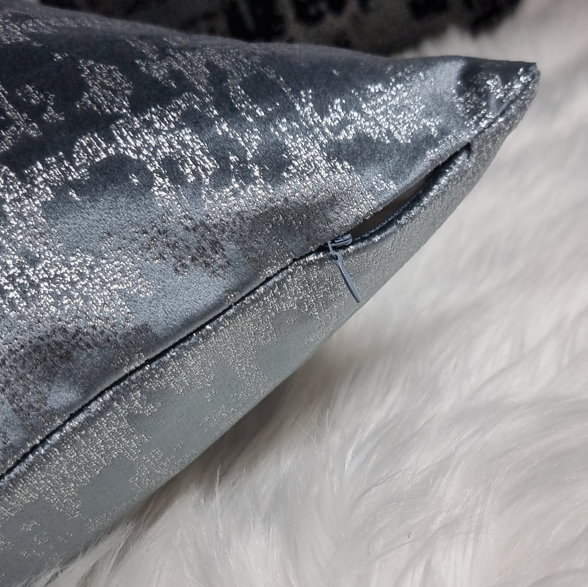 Steel Mercury Fabric Cushion Cover with Silver Metallic Sparkle Velvet ...